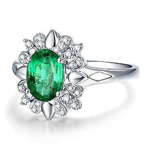 Lanmi 14K White Gold Natural Green Emerald Rings Diamond Engagement Wedding for Women Promotion
