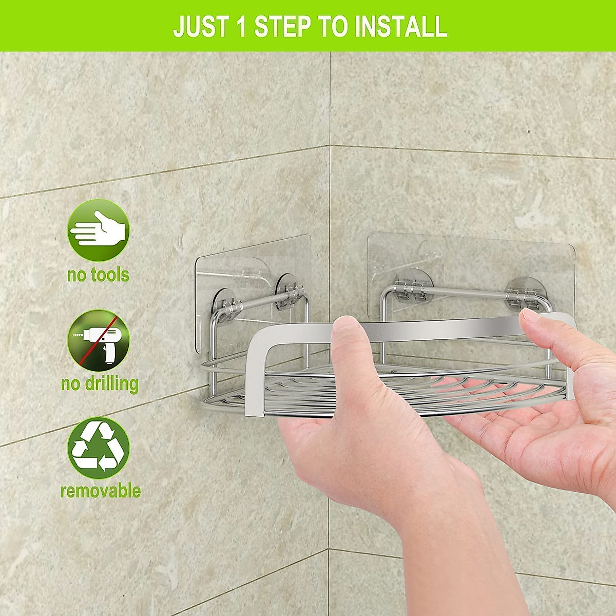 STEUGO Shower Caddy Corner, Bathroom Corner Shower Shelfs, Adhesive Wall Mounted Shower Caddy with 4 Movable Hooks, SUS304 Stainless Steel Bath Storage Shower Organizers, 2 Pack