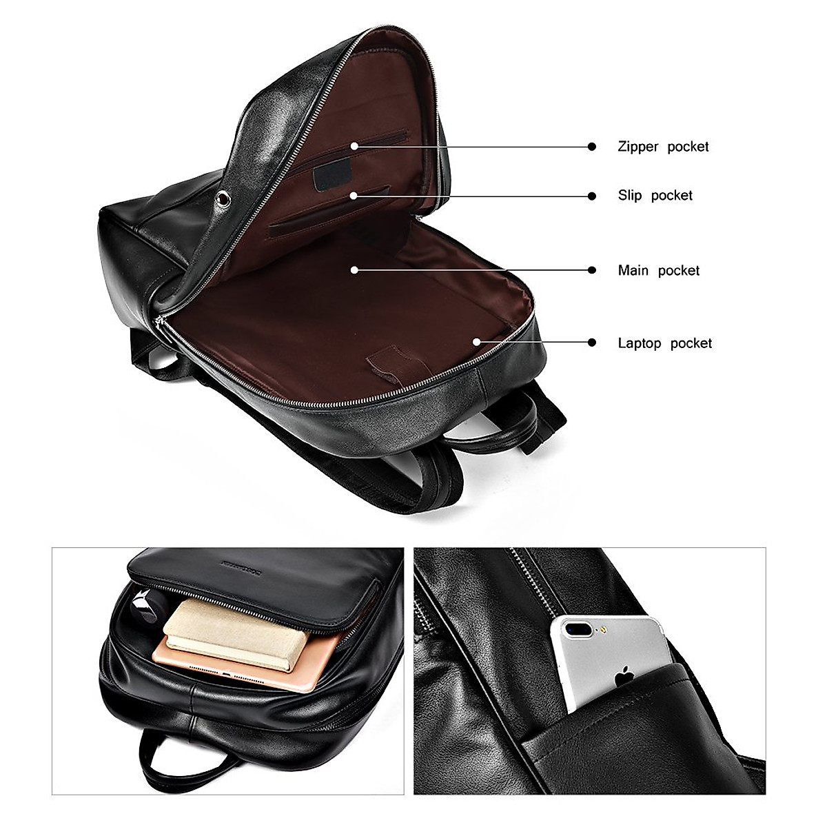 BOSTANTEN Leather Backpack College Laptop Travel Camping Computer Shoulder Bag Gym Sports Backpacks For Men Black