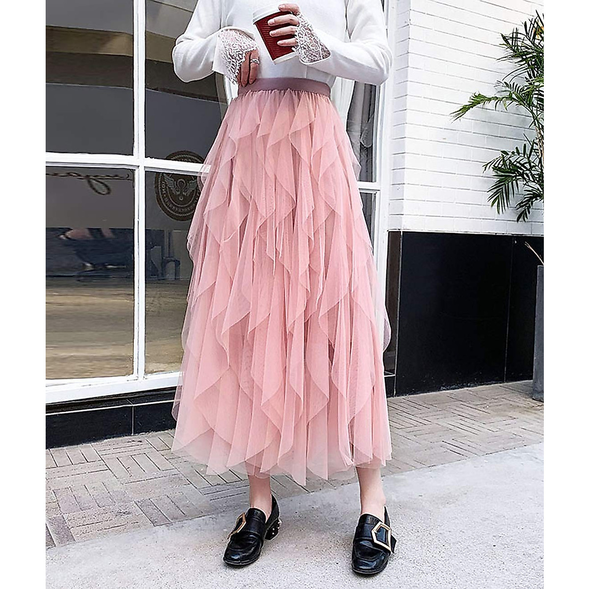 Femiserah Women's Long Rainbow A Line Tulle Tutu Skirts Tiered Skirt Petticoat（One Size, Tulle Pink