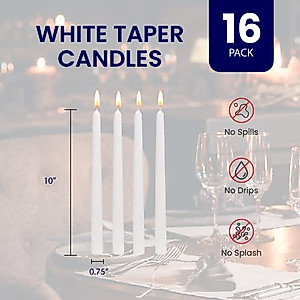 Exquizite White Taper Candles - 16 Pack Unscented Dripless Taper Candles 10 inch x 3/4 inch - Perfect Tapered Candles for Home, Centerpieces, Emergency Candle, Weddings, Parties and Special Occasions