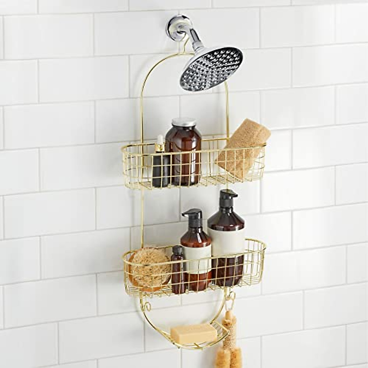 mDesign Steel Metal Curved Bathroom/Shower Caddy, Hanging Storage Organizer for Shampoo and Conditioner Bottles - 2-Tier Rack with Baskets - Holder for Soap, Body Wash, Concerto Collection, Soft Brass