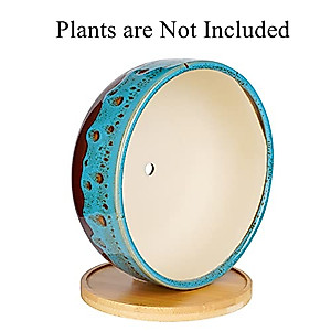 MPotTo 8 Inch Succulent Planter Pot Ceramic Round Shallow Planter Blue Flower Pot with Drainage Hole and Bamboo Tray