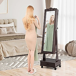 COSTWAY 6 LEDs Mirror Jewelry Cabinet with Wheels, Lockable Jewelry Storage Organizer w/Full-Length Mirror and 3 Adjustable Angles, Floor Standing Jewelry Armoire for Living Room Bedroom (Brown)
