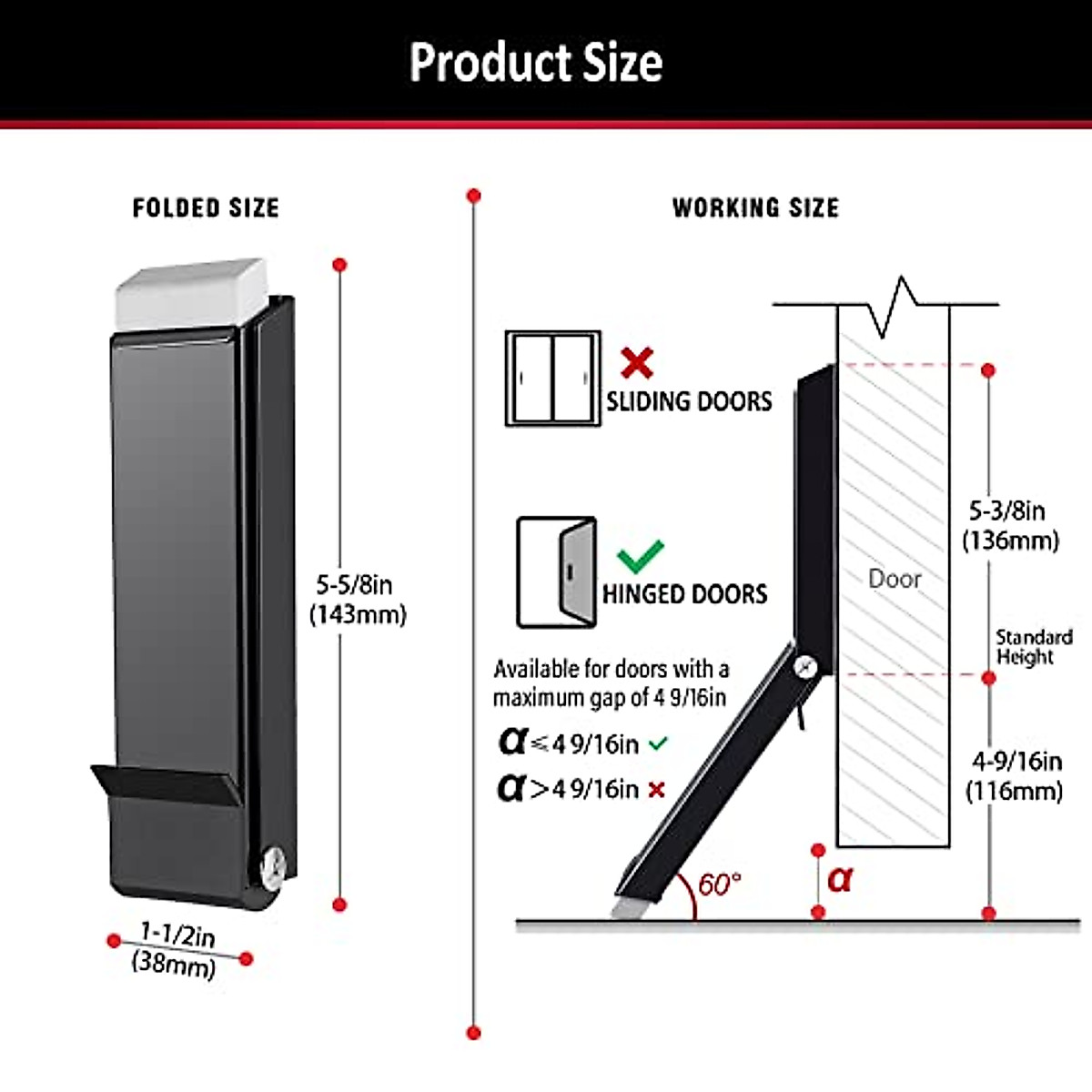 No Drilling Door Stoppers, Easy Pedal Kick Down Door Stop, Self Adhesive Metal Doorstop, Flip by Foot, Hinge Door Handle Protector (Black x 1 Pack)