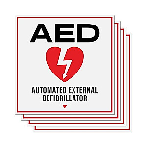 AED Stickers 4-Pack | Automated External Defibrillator Red and White Signs, Durable Self Adhesive Weatherproof Vinyl Decals, 4" x 4"