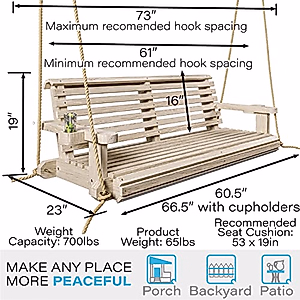 Porchgate Amish Heavy Duty 800 Lb Roll Comfort Treated Porch Swing W/ Ropes (5 Foot, Unfinished)