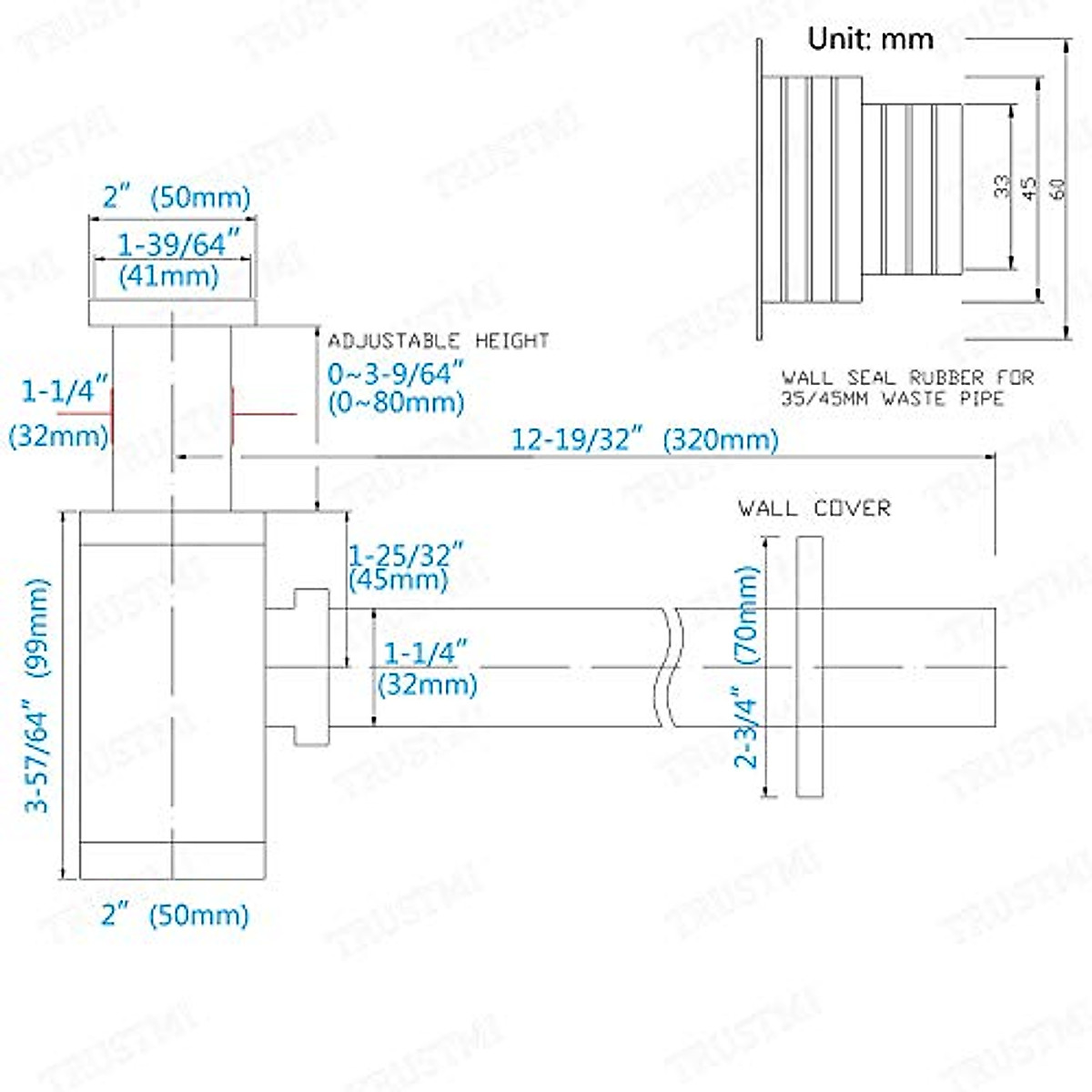 TRUSTMI Bottle P Trap Brass Round 1 1/4 Inch Decorative P-Trap, Adjustable Bathroom Basin Sink Waste Drain Kit, Wall Drainage, Matte Black