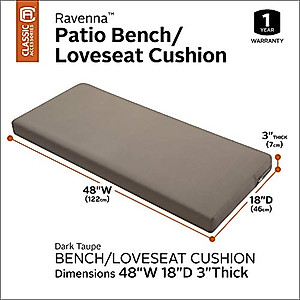 Classic Accessories Ravenna Water-Resistant 48 x 18 x 3 Inch Outdoor Bench/Settee Cushion, Patio Furniture Swing Cushion, Dark Taupe, Patio Loveseat Cushion, 1 Count (Pack of 1)