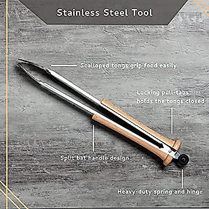 Baseball BBQ | 'Triple Play' Multi-Tool Spatula, Tongs & Fork Combo Set | BBQ Grilling Accessories & Utensils for Baseball Fans | Unique Wooden Bat Handle & Quality Stainless Steel Grill Masters