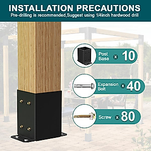 SPACEEUP 4x4 Post Base 10 Pcs, Inner Size 3.6"x3.6" Post Base Brackets, Heavy Duty Powder-Coated Post Anchor Matte Black Wood Post Brackets for Pavilion Deck Railing Support Deck Base Plate