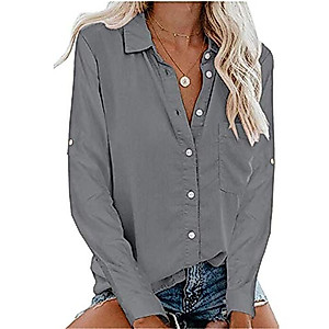Andongnywell Women's Solid Color Long Sleeve V Neck Blouses Tops Button Cardigan Shirts V-Neck Button Shirt (Gray,8,5X-Large)