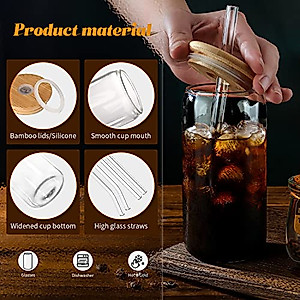Porkus Glass Cups with Bamboo Lids and Straws 4pcs Set-18oz,Cute Glass Iced Coffee Cups for Coffee Bar Accessories-Cups with Lids and Straw Set