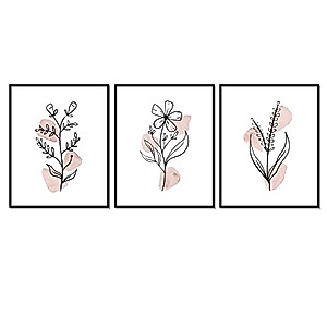 Boho Botanical Prints, Set of 3, Gallery Wall Art, Blush Pink Wild Flowers, Abstract Black Line, Floral Home Decor, Flower Print Set, Floral Line Art, 11x14inch Unframed