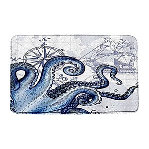 GCTNBJL Octopus Tentacles Bath Mat Nautical Kraken Tentacles Campass Sailboat Pirate Ocean Sea Animal Marine Life Underwater Creative Bathroom Memory Foam Kitchen Rug,17.8x29.5 Inch
