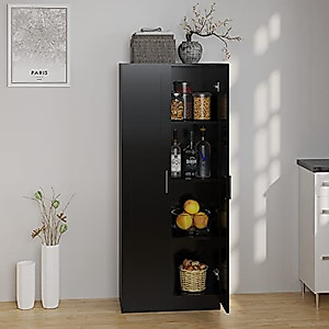 Panana Wooden Storage Cabinet, Narrow Pantry Cabinets Free Standing Tall Storage Cabinet with 2 Doors and Shelves (Black)