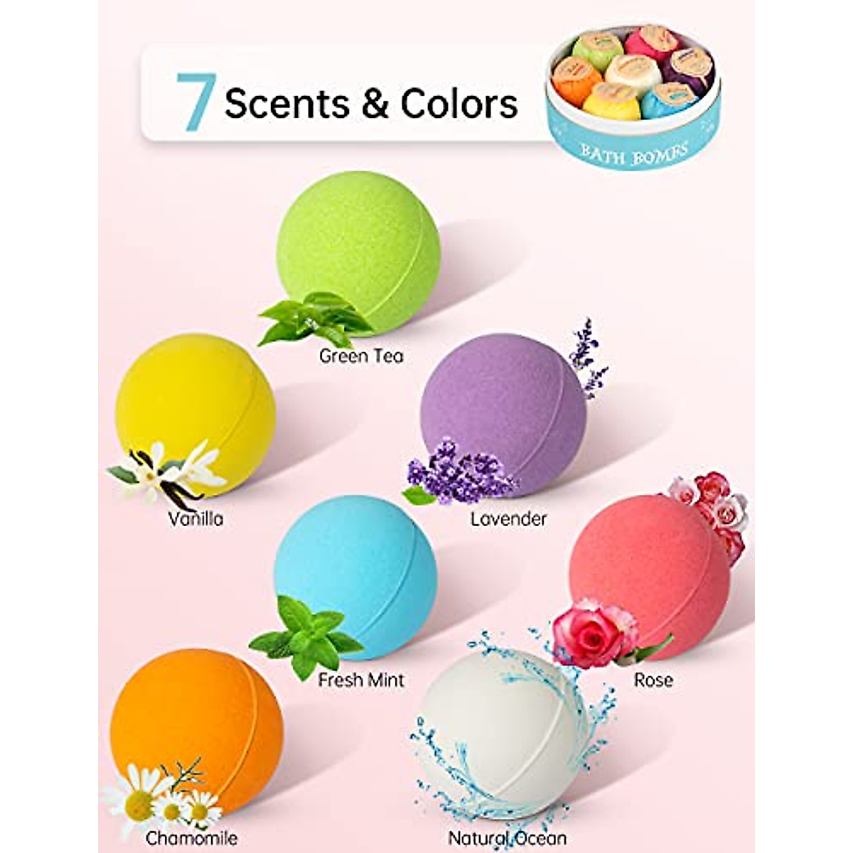 Aofmee Bath Bombs, 7 Bath Bombs for Women, Handmade Bathbombs for Kids Girls, Mothers Day Gifts for Mom, Spa Relaxation Gifts for Her, Birthday Valentines Christmas Gifts for Women Who Have Everything
