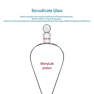 StonyLab PTFE Stopcock Separatory Funnel 2L, Borosilicate Glass Heavy Wall Conical Pear-Shaped Separatory Funnel Separation Funnel with 24/29 Joint