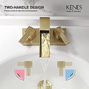 KENES Brushed Gold Waterfall Bathroom Faucet 3 Hole Gold 4 Inch 2 Handle Centerset Bathroom Sink Faucet Modern Bathroom Vanity Faucet with Supply Lines, KE-9053-4