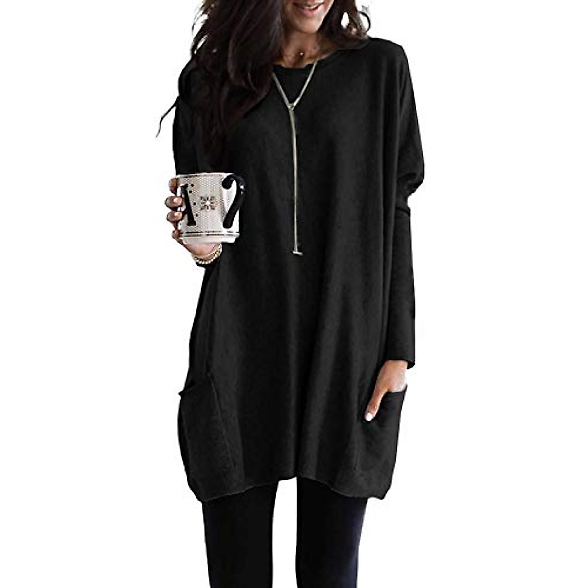 Dokotoo Womens Comfy Casual Winter Long Sleeve T Shirt Tunics Tops Blouse Fashion Oversized Shirts Tunic with Pockets Tops for Leggings Summer Autumn Spring (US 16-18) XL,Black
