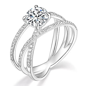 TIGRADE 2CT Criss Cross Promise Ring for Women Cubic Zirconia Engagement Ring CZ Statement Wedding Band Size 3-12, Silver, Size 8