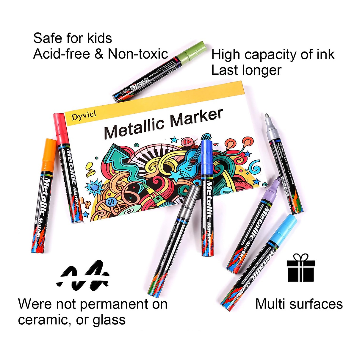 Dyvicl Metallic Markers Paint Markers, Broad Tip Paint Pens for Rocks, Halloween Pumpkin, Wood, Fabric, Glass, Ceramics, Metal, Plastic, Black Paper, Christmas Art Crafts, Set of 15