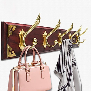 Tiazza 2Pcs Antique Solid Brass Clothes Hooks, Entryway Coat Hooks, Scarf and Jacket Hangers, Bath Towel Heavy Hooks (Gold)