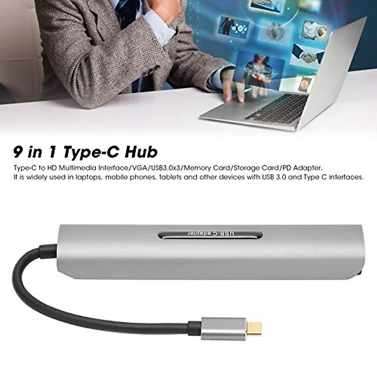 9 in 1 TypeC to Multi Interface Hub,TypeC Docking Station TypeC to HD Multimedia Interface/VGA/USB3.0/PD Adapter with 4K HD Output,Plug and Play