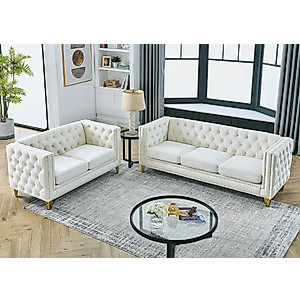 JEEOHEY Chesterfield Sofa,Oversized Velvet Sofa Couch,Deep Seat 3 Seater Sofa,Modern Sofa Chair with Button Nailhead,Upholstered Futon Couches,Furniture for Living Room,Bedroom,Office(Beige)