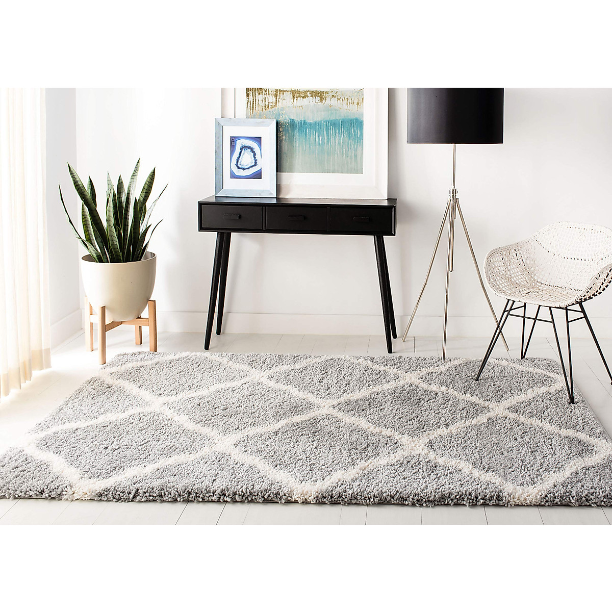 SAFAVIEH Fontana Shag Collection 4' x 6' Grey / Cream FNT821G Trellis Non-Shedding Living Room Bedroom Dining Room Entryway Plush 2-inch Thick Area Rug