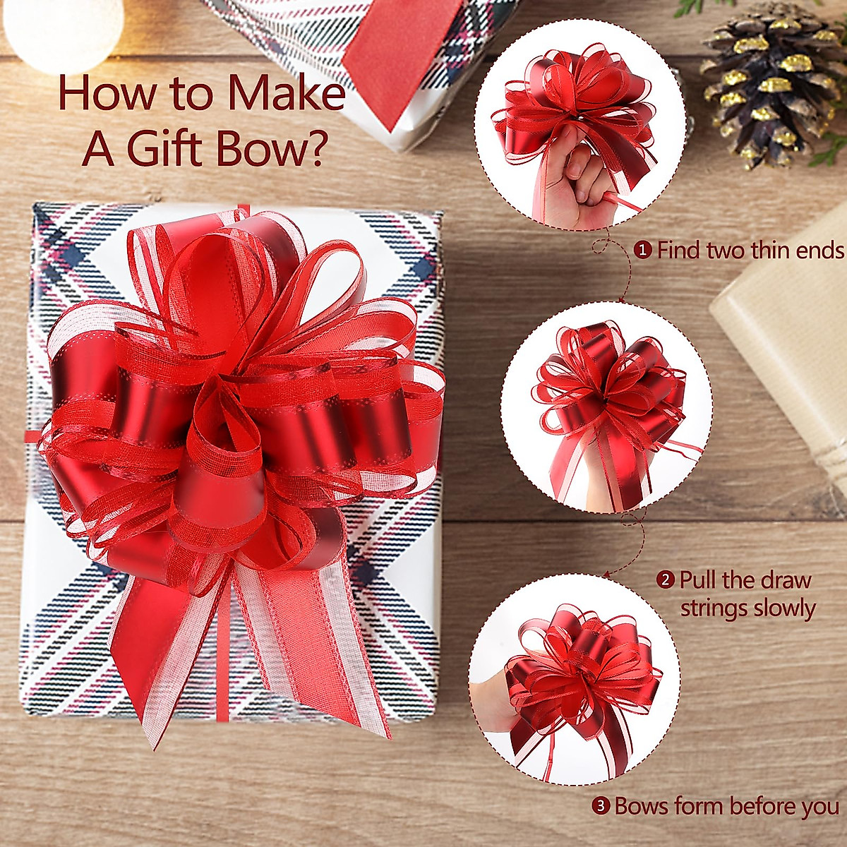 AMCAMI 20 Pieces Large Red Pull Bows for Gift Wrapping Christmas Gift Bows Organza Pull Bow for Xmas Gift Decoration Big Red Ribbon Bows for Wedding Party Birthdays Holidays