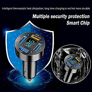 4-in-1 Car Charger 66W Super Fast Charging with USB 2.4A&QC 3.0(Voltmeter&LED Lights) Universal Quick Charge for 12-24V Car Cigarette Lighter Plug,Compatible with iPhone 14 13 12,S22 S21 S20(BK350)