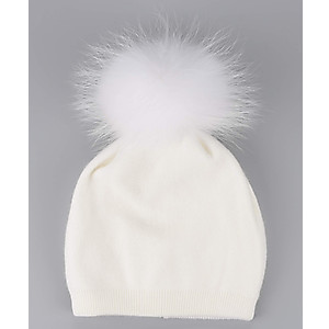 EASTER BARTHE White Cashmere Beanie Hat Women Winter Slouchy Knit Beanie Hat with White Fur Pom Pom Beanie Ski Hat Stocking Cap Hat