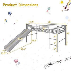 Giantex Twin Loft Bed with Slide, Metal Low Bunk Bed w/Safety Guardrails & Built-in Ladder, Toddler Bed Floor Frame for Boys & Girls, No Box Spring Needed (Silver)