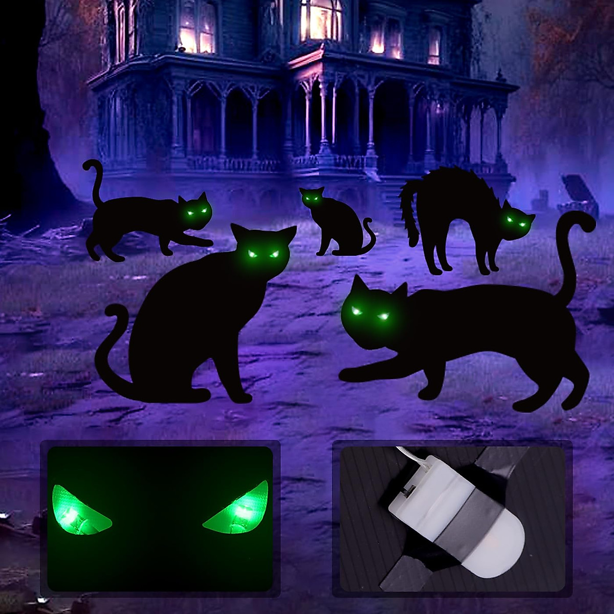 Ivenf Outdoor Halloween Decorations, 5ct Black Cat Yard Decor with LED Lights in Eyes, Scary Cat Silhouette Signs with Stakes, Waterproof Corrugated Plastic, Lawn Decorations for Home School Party