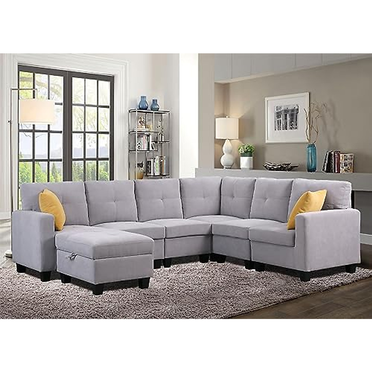 asunflower Modular Sectional Sofa with Storage Ottman 6 Seater Modular Couch Furniture Set for Living Room Velvet Corner Sectional Couch for Home & Office, Small Spaces, Grey