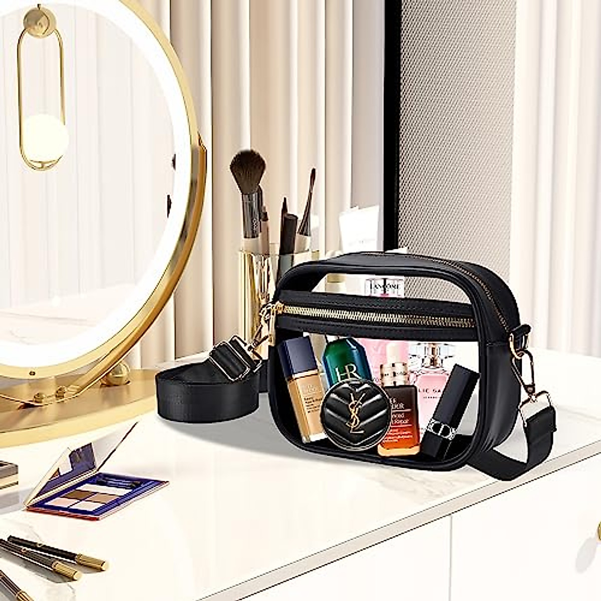 Fibrdoo Clear Bag Stadium Approved, Leather Clear Crossbody Purse Bag for Concerts Sports Events Festivals (Black)