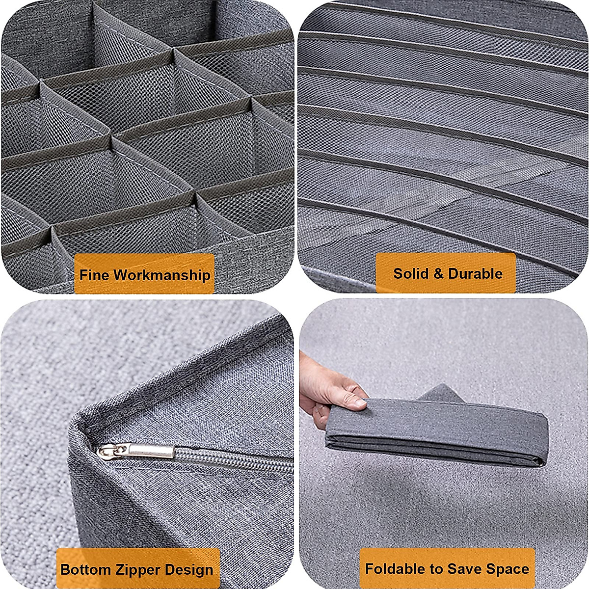 STYLIFING Bra Socks Underwear Organizer 3 Pack, Foldable Closet Organizer Drawer Soft Fabric Dresser Drawer Divider Bins for Bra Underwear Socks Ties Lingerie(Gray)