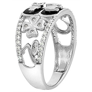Sterling Silver Micropave CZ Onyx Lucky Charms Ring Women Elephant Owl Clover Horseshoe Evil Eye Rhodium Finish size 9