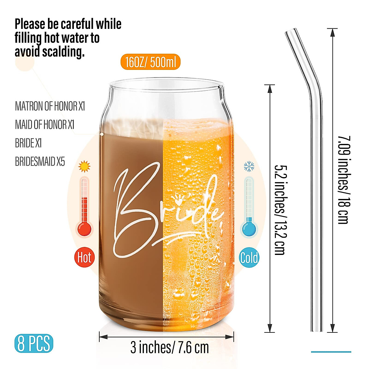 Inbagi 8 Pcs Bridesmaid Gifts Iced Coffee Cup with Bamboo Lids and Glass Straw 16 oz Mason Jar Cups Bride Can Shaped Drinking Glasses Cute Tumbler Cup Bridal Shower, Bachelorette Party Supplies