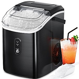 ZAFRO Nugget Ice Maker Countertop with Handle, 35Lbs/24Hrs,7 Mins Fast Ice Making, Stainless Steel Pellet Ice Maker with Ice Basket/Ice Scoop for Home/Bar/Party/Office, Black