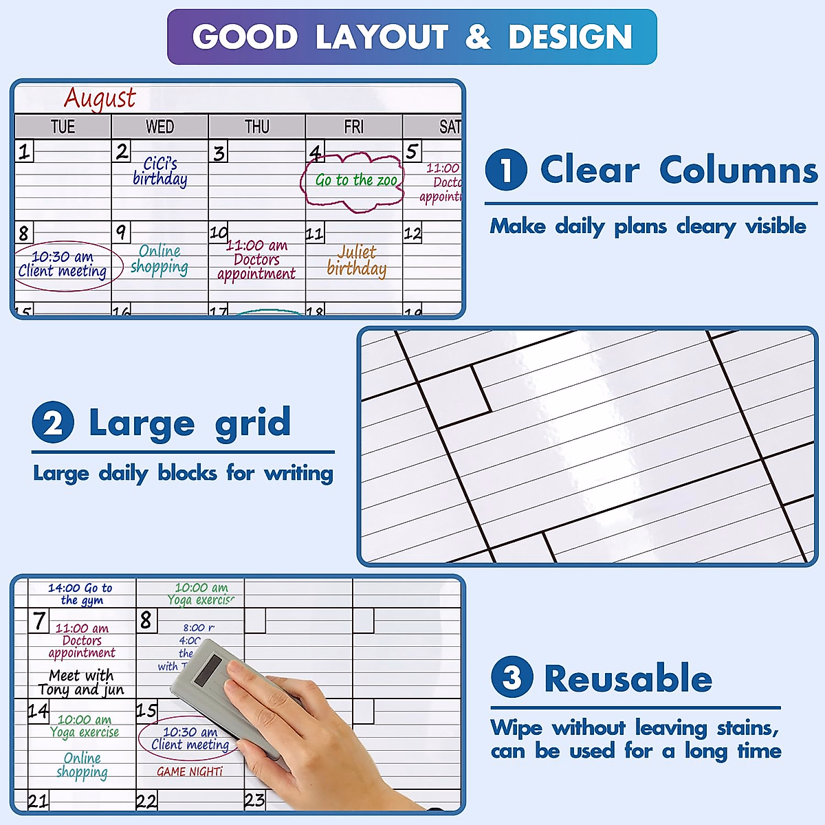 Dry Erase Monthly Extra Large White board Calendar for Wall, 38" by 50", Jumbo Laminated Erasable One Month Whiteboard Calendar, Huge Oversized Blank 30-Day Poster with Lines and Squares