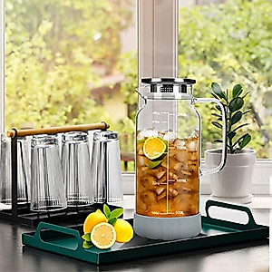 BOQO Glass Pitcher 68oz/2000ml,Pitcher with lid and Precise Scale Line,Tea Pitcher,Glass Water Jug,Glass Water Pitcher,with Particular Coaster.