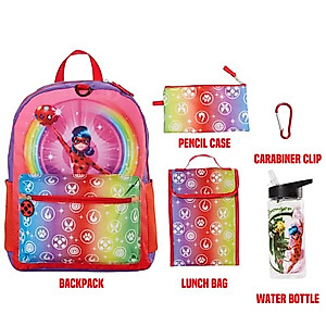Miraculous Ladybug Backpack Set with Lunch Bag for Girls, 16 inch, 5 Piece Value Set, Rainbow