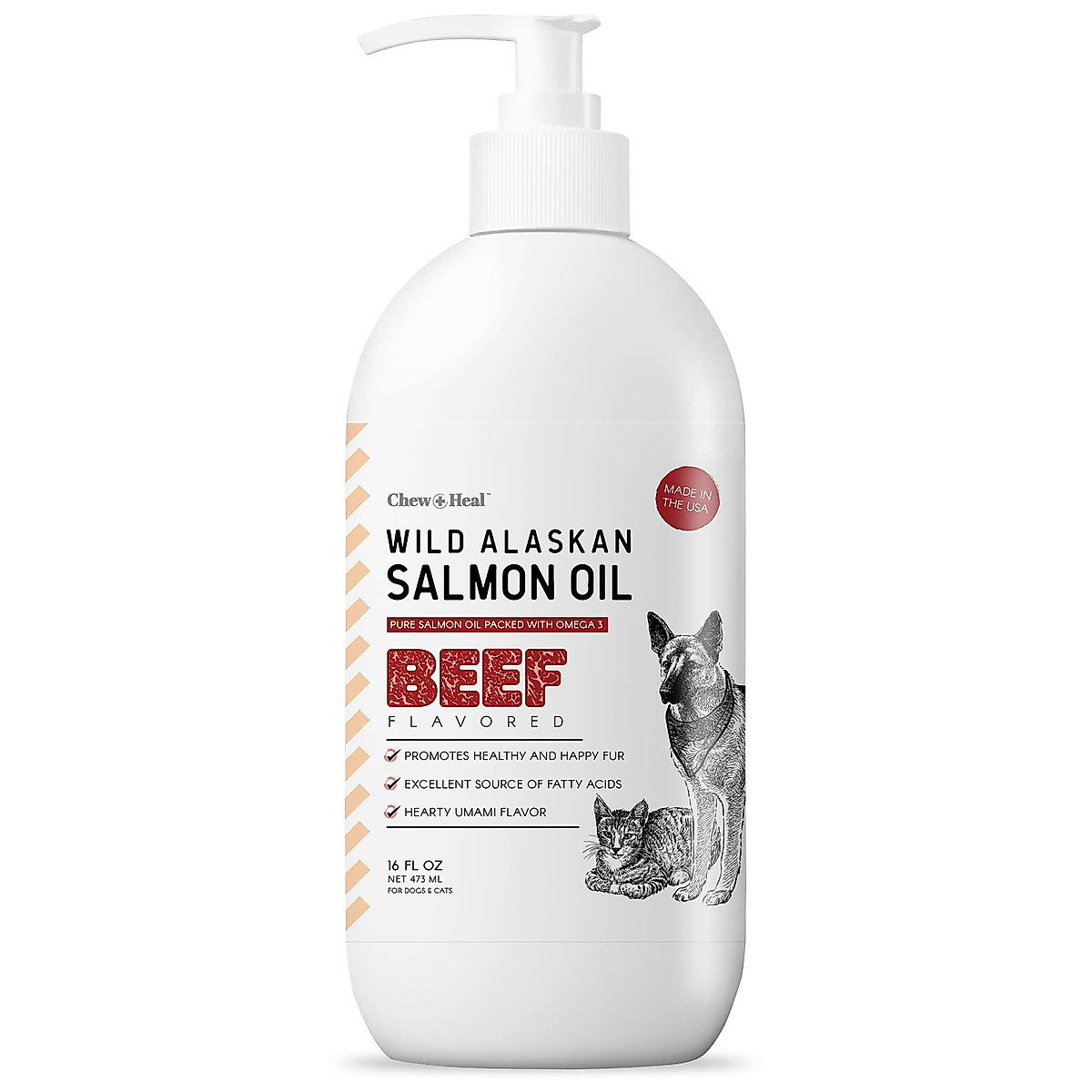 Pure Wild Alaskan Salmon Oil for Dogs - 16 oz. Beef Flavored Salmon Oil - Pump Cap Bottle - Contains Omega-3 and 6, EPA, and DHA for Healthy Skin and Coat - Toxin Free