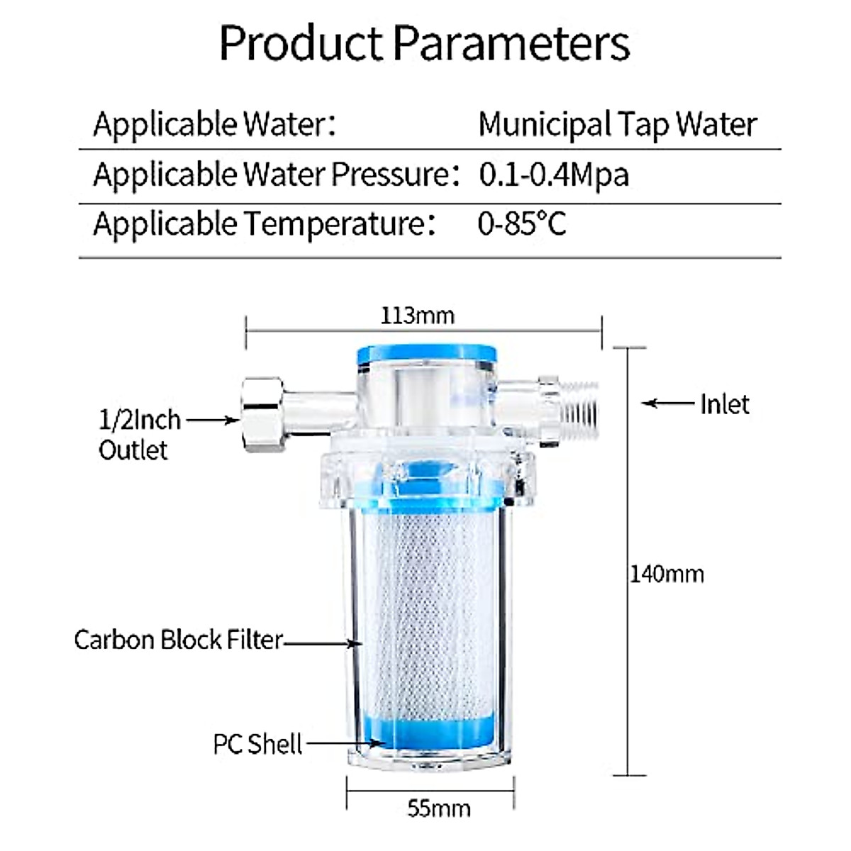 1/2" High Flow Pipeline Water Filter Activated Carbon Filter Element Pre-Filter T Strainer Plastic Raw Water Strainer for Washing Machine Shower