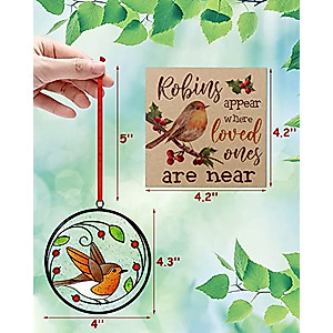Bird Stained Glass Suncatcher Robin Bluebird Hand Painted Ornament Wall Window Hanging Double Side Redbreast Decor Birthday Lover Gift Box for Mom Grandma Teacher Women Friend with Memorial Card