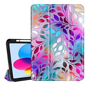 Hi Space for iPad 10th Generation Case 10.9 inch 2022 with Pencil Holder, Colorful Leaf Trifold Protective Shockproof Cover foriPad 10th Gen Auto Sleep Wake for A2757 A2777