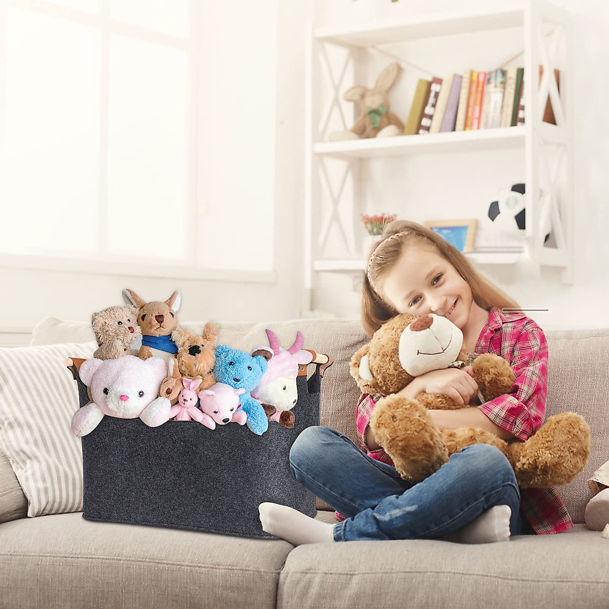 Sindax Storage Basket Felt, Foldable Storage Bin with Wood Handles, Storage Box for Office Bedroom Nursery Laundry Books Clothes Toys Organizing - 15.7" x 9.8" x 11" Grey