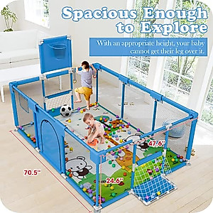 MONBLAM Baby Playpen with Mat(XL), 71×48”,with Soccer Nets, Basketball Hoop & 50 Balls, Play Center for Toddler, Child Exercise Playard, Kids Activity Centre with Breathable Mesh (Assembly Required)